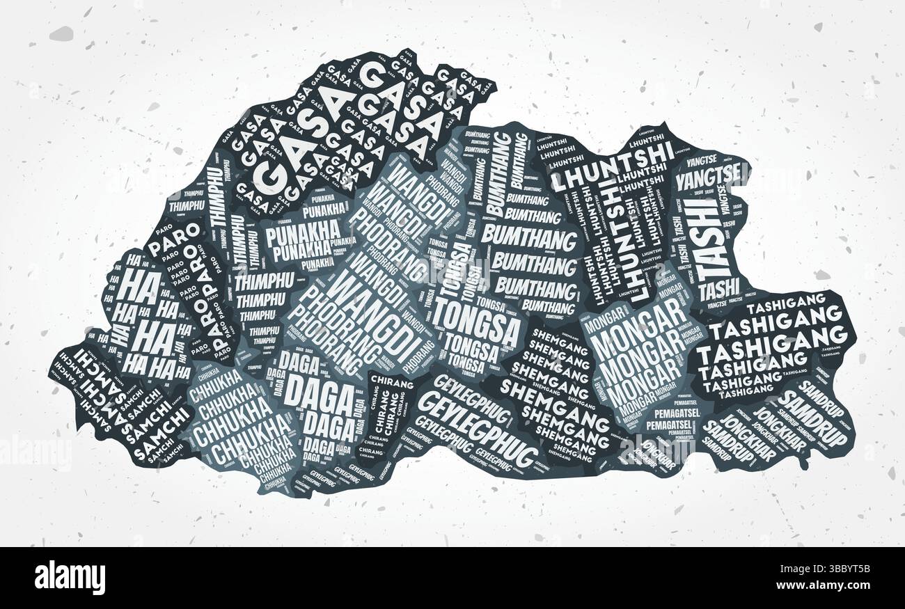 Bhutan regions word clouds. Country shape on textured background ...