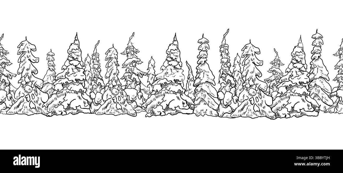 Seamless border with snowy pine trees, hand drawn black white outline ...