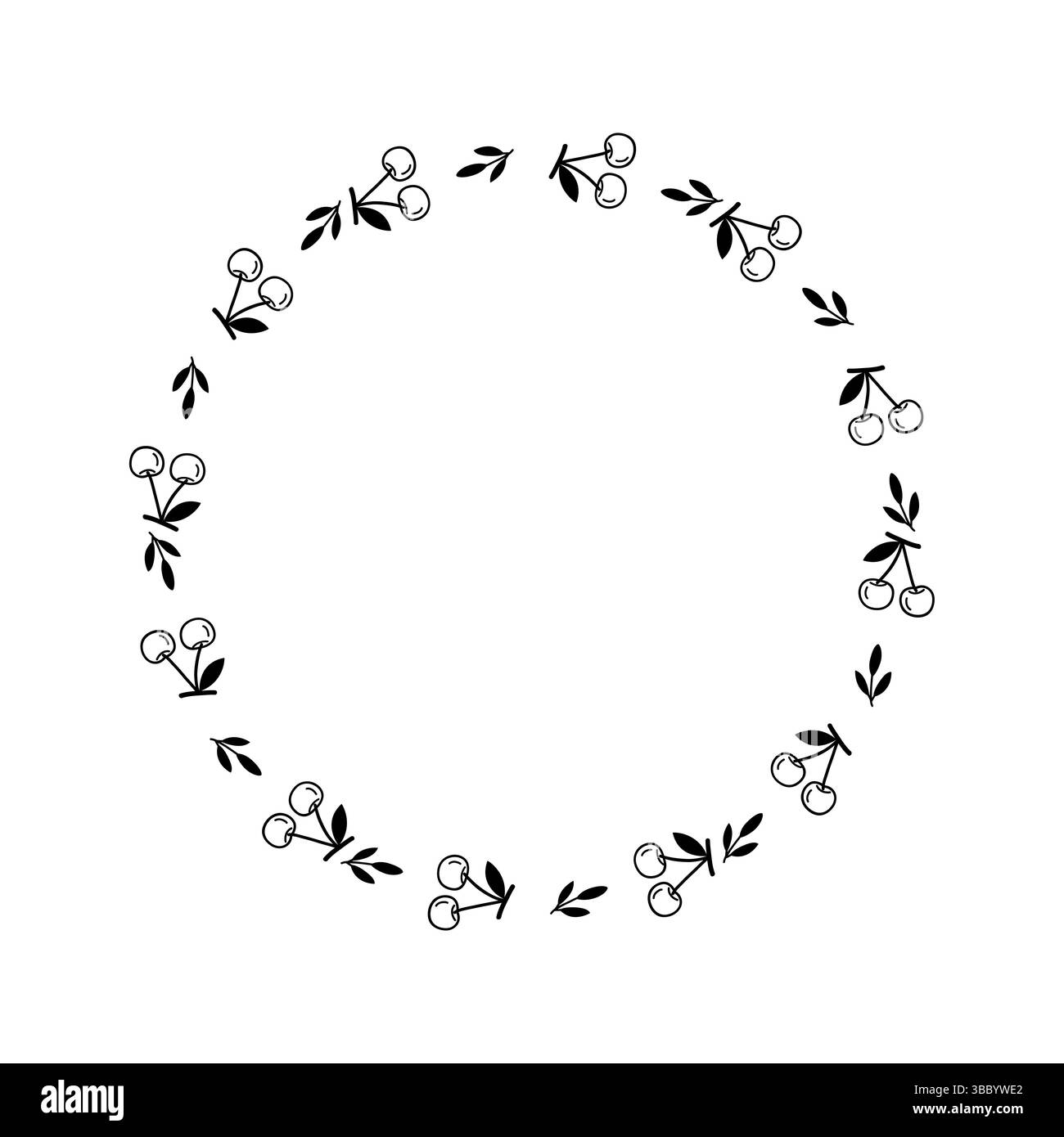 Hand drawn wreath made of cherries and leaves in black minimal line art ...