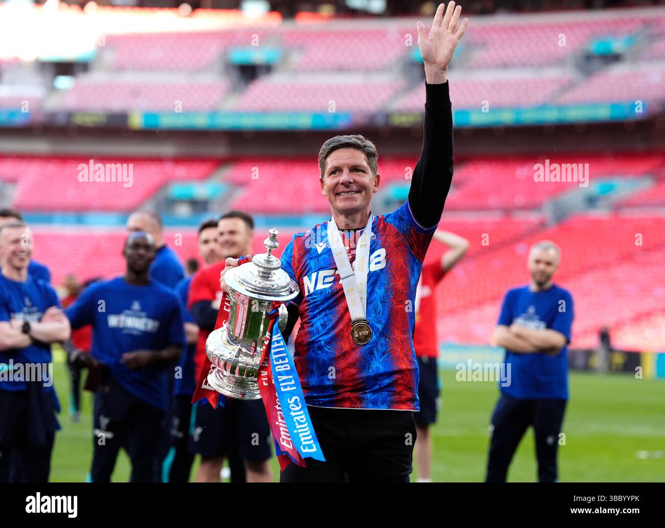 Crystal Palace manager Oliver Glasner lifts the trophy following the ...