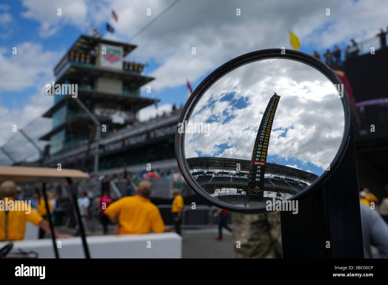 The scoring pylon is reflected in a mirror during qualifications for ...