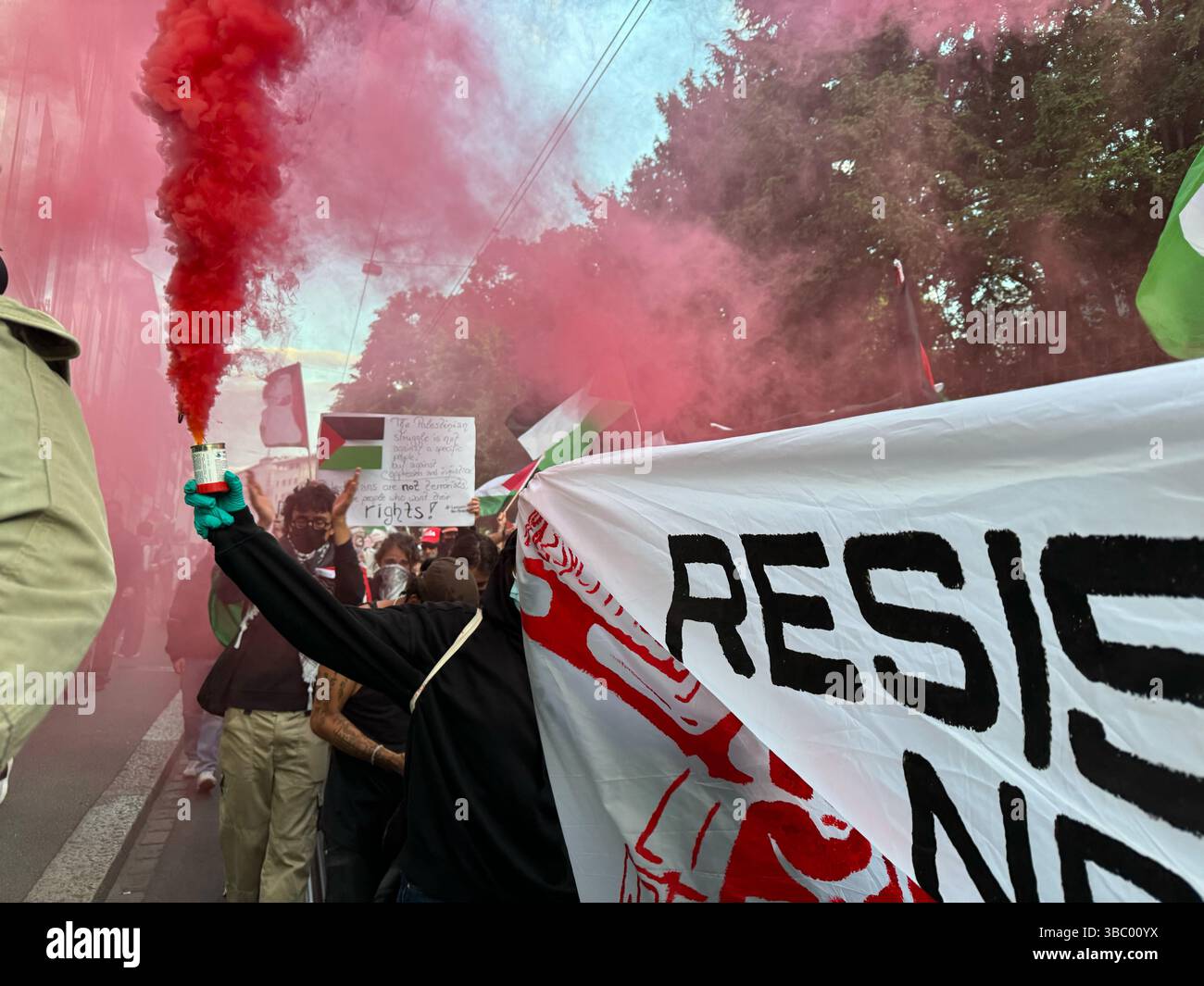 Basel, Switzerland. 17th May, 2025. People hold banners and flags and ...