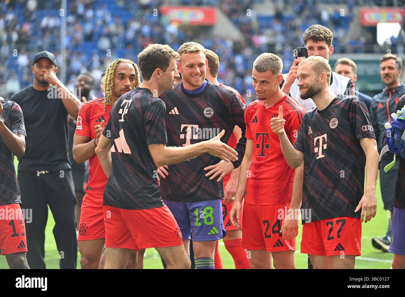 Sinsheim, Deutschland. 17th May, 2025. Thomas MUELLER (M?LLER, FC Bayern Munich) shakes hands ...