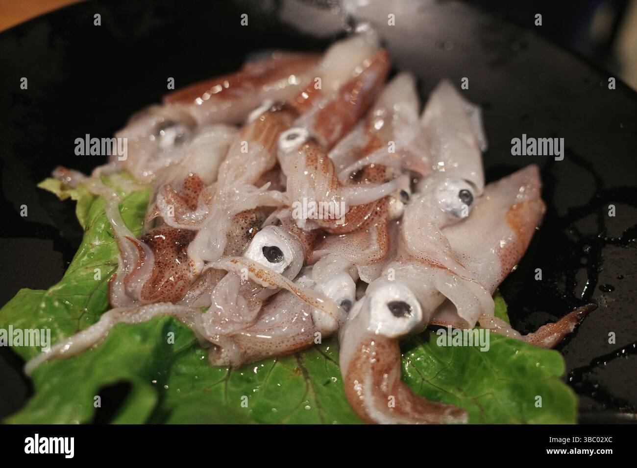 Raw baby squids on a plate Stock Photo - Alamy