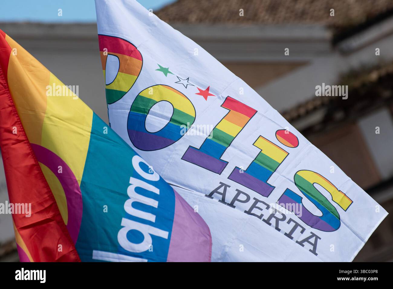 Rome, Italy. 17th May, 2025. A flag of the association Polis Aperta ...