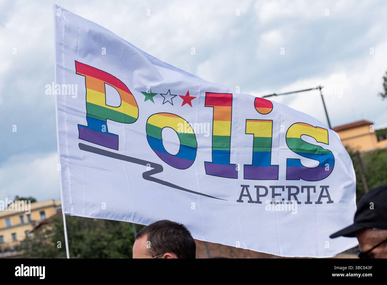 Rome, Italy. 17th May, 2025. A flag of the association Polis Aperta ...