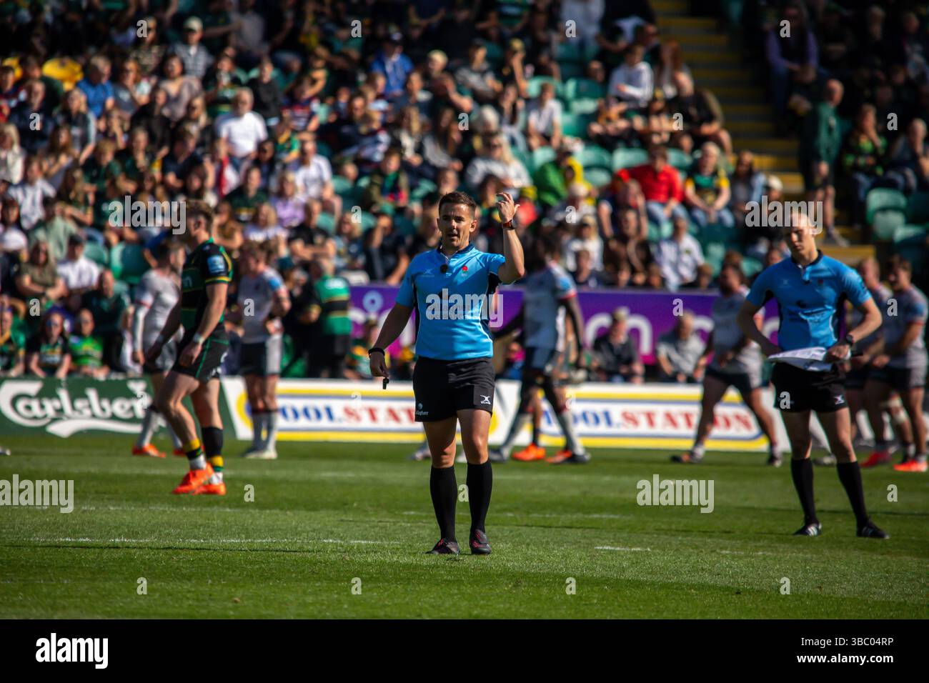 Northampton, UK, 17th May 2025 Match offical Luke Pearce watches the tv ...