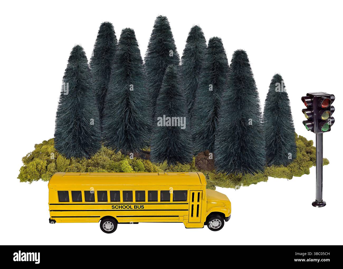 Passenger school bus on a forest road with a traffic light Stock Photo ...