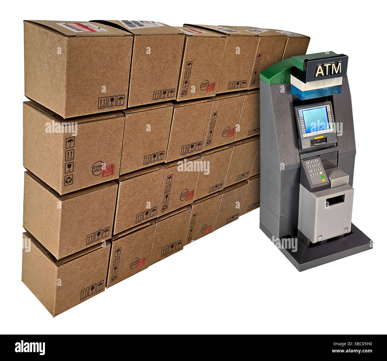 Brown shipping boxes for mailing objects with an ATM to show the costs ...