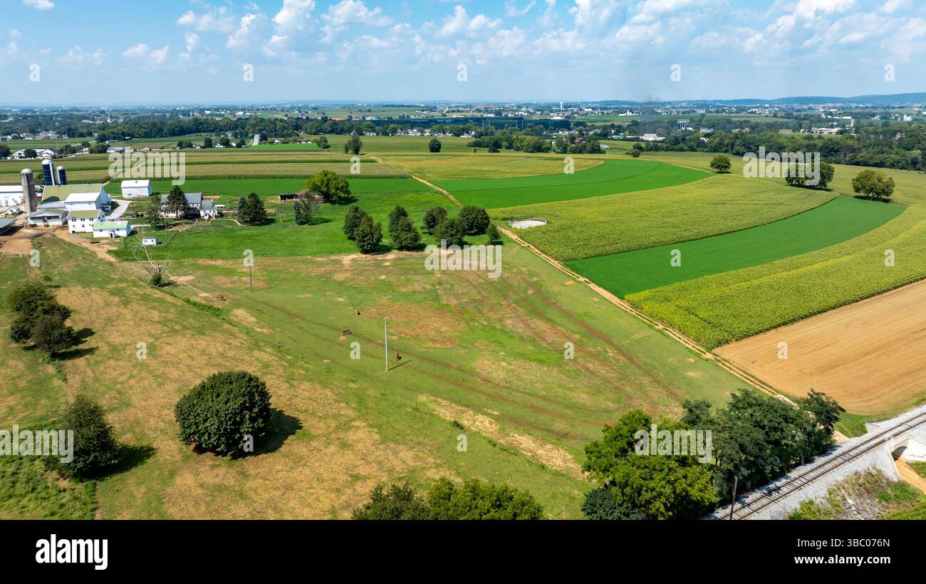 Vast farmland stretches across the scene, displaying lush green fields ...