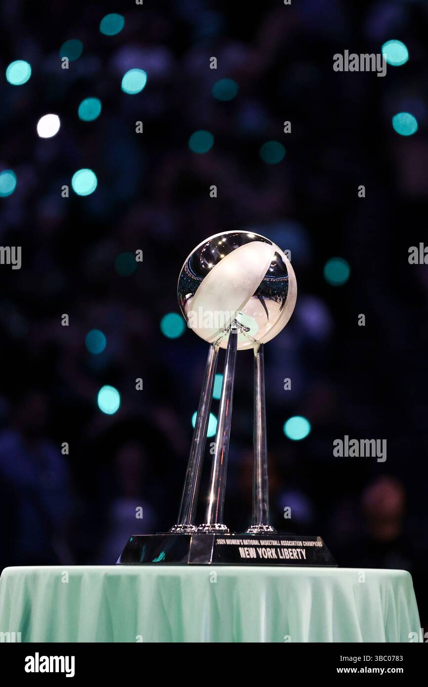 The WNBA Championship Trophy is displayed before the start of a ring ceremony for the New York ...