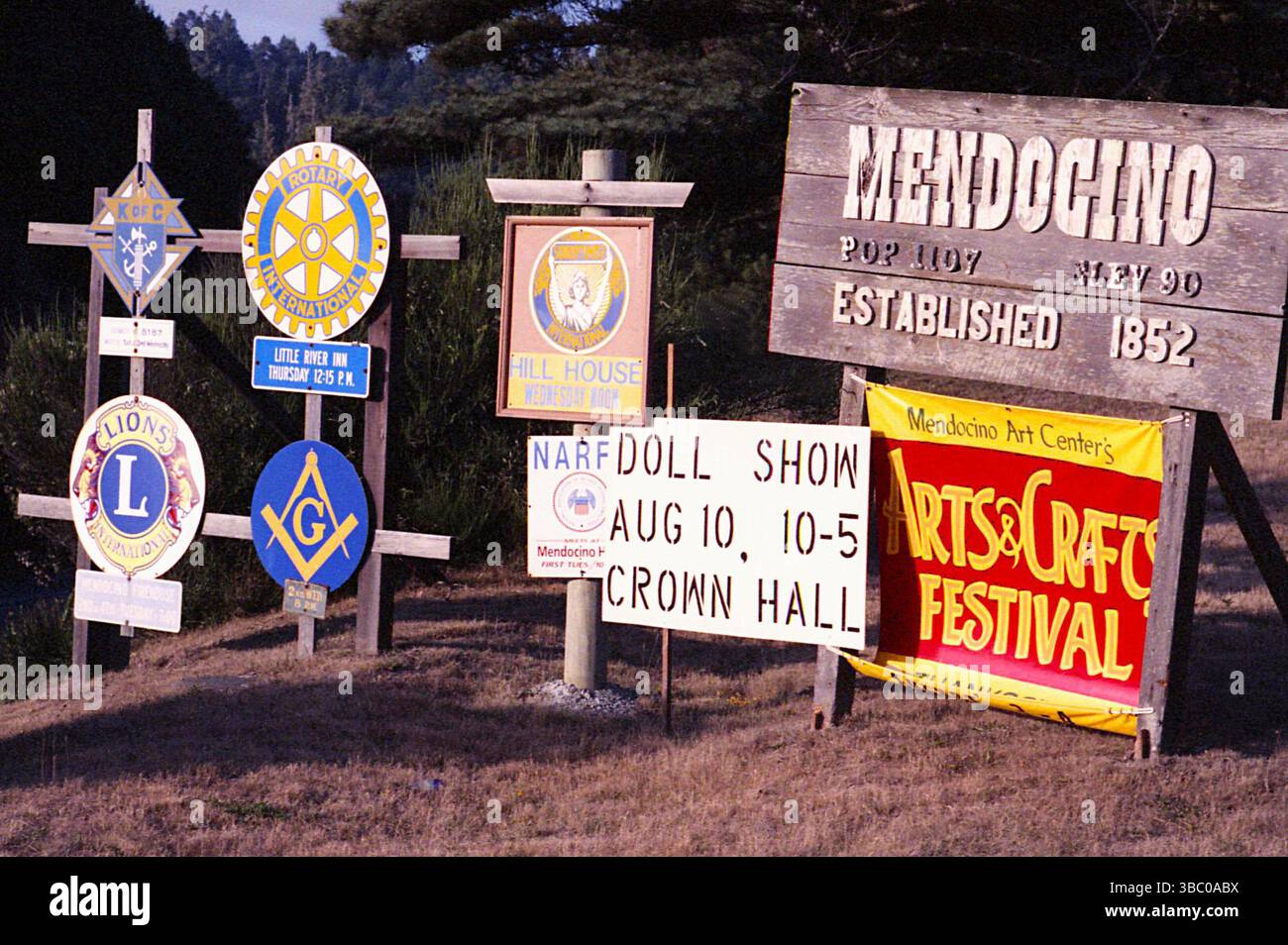 Signs at the entrance in Endocino in Northern California, USA, approx ...