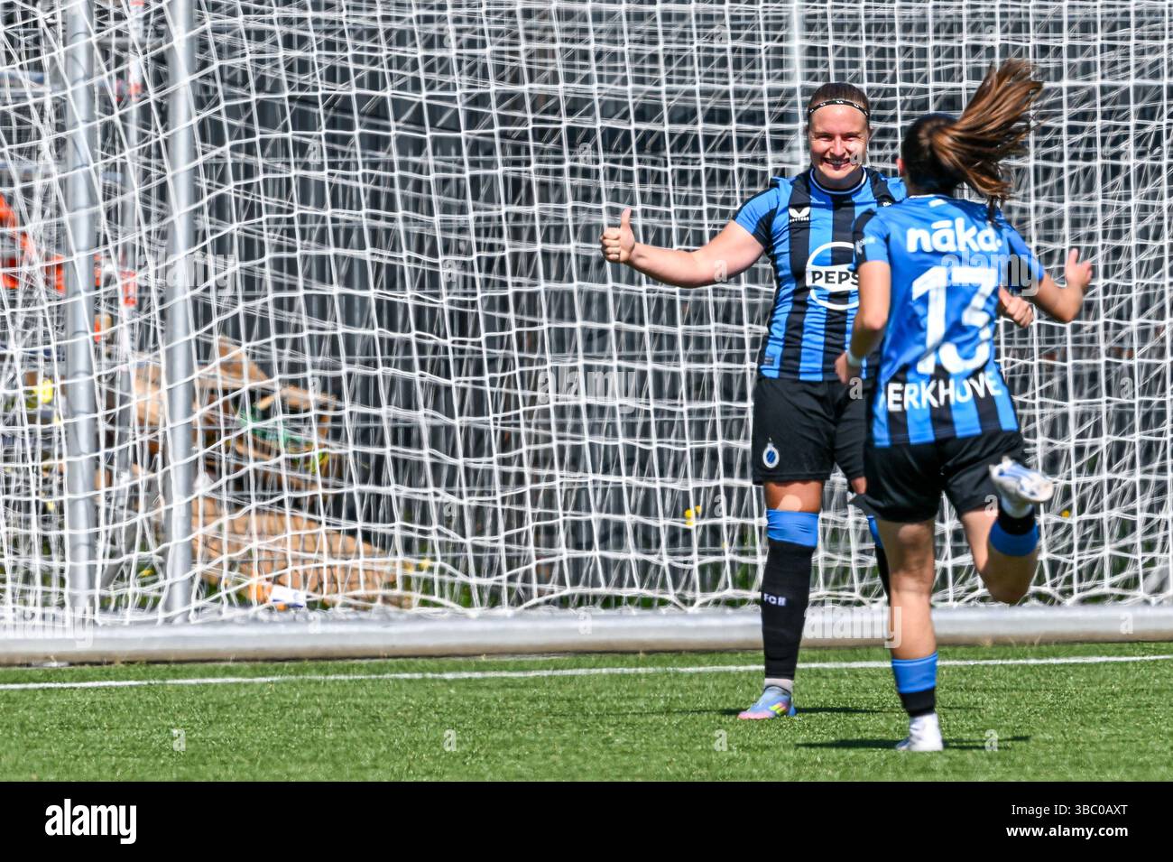 Aalter, Belgium. 17th May, 2025. Davinia Vanmechelen (25) of Club YLA scores 1-1 and Brugge ...
