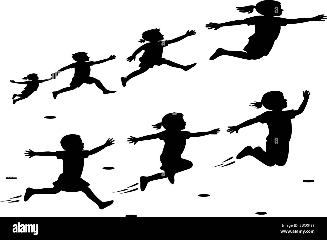 "Children Playing and Running Silhouettes in Dynamic Motion Stock ...