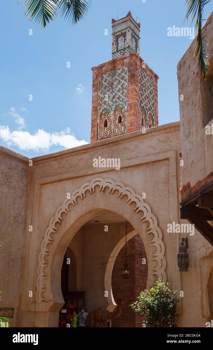 The Morocco pavillon tower at Epcot amusement park, Disney World ...