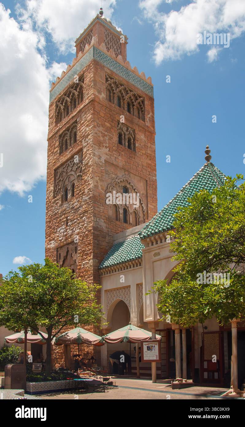 The Morocco pavillon tower at Epcot amusement park, Disney World ...