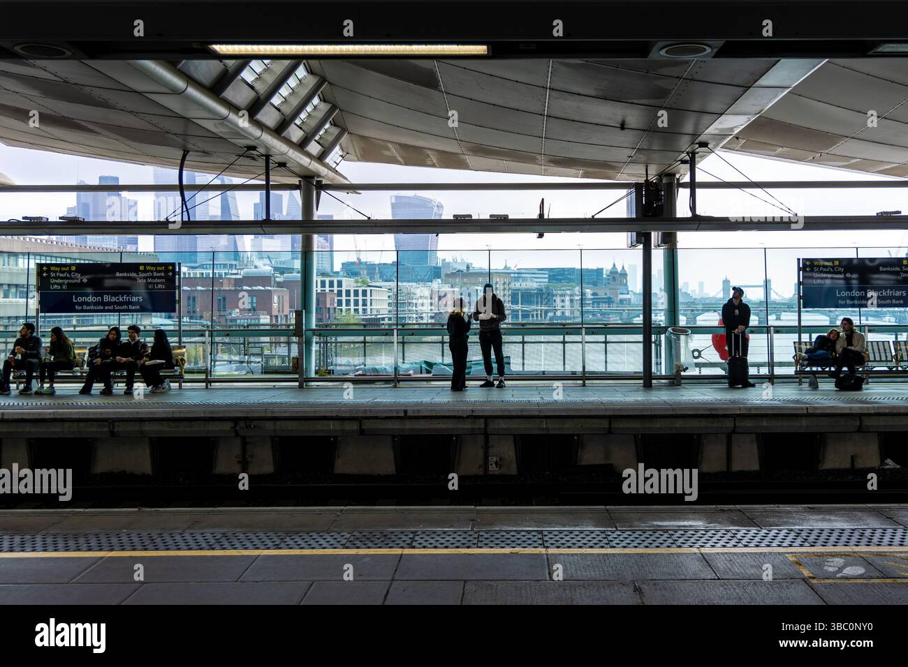 London Blackfriars Station train platform across the River Thames and ...