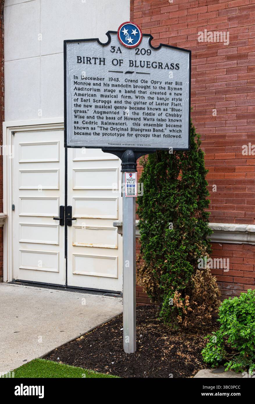 The "Birth of Bluegrass" marker at the Ryman Auditorium in Nashville ...