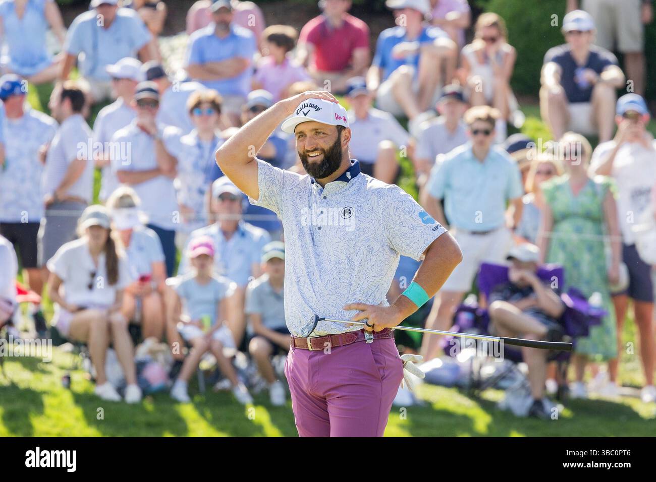 Captain Jon Rahm of Legion XIII reacts to his putt on the 18th green ...