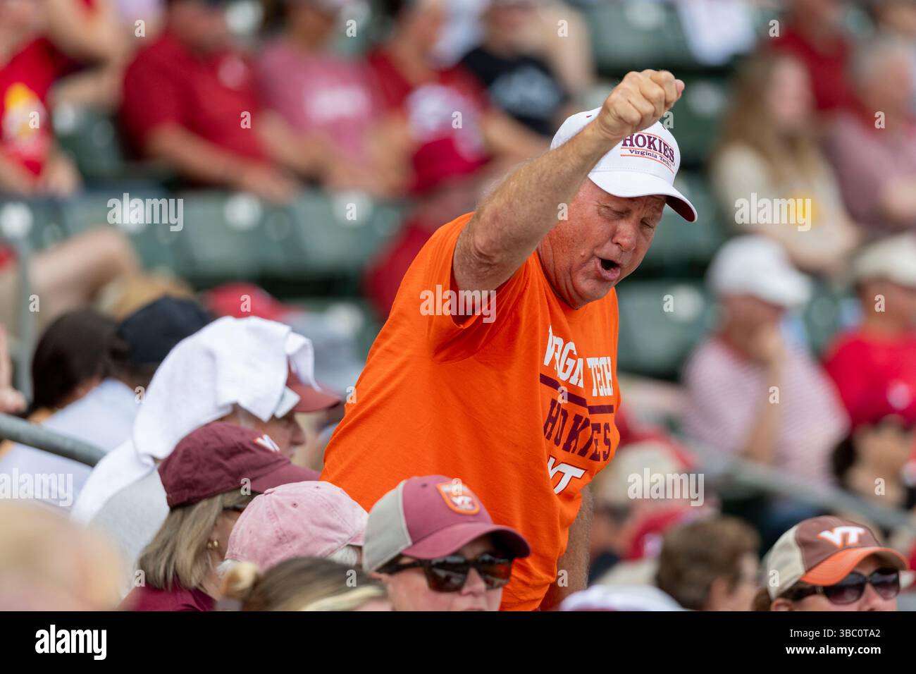 A Virginia Tech fan cheers during an NCAA regional softball game ...