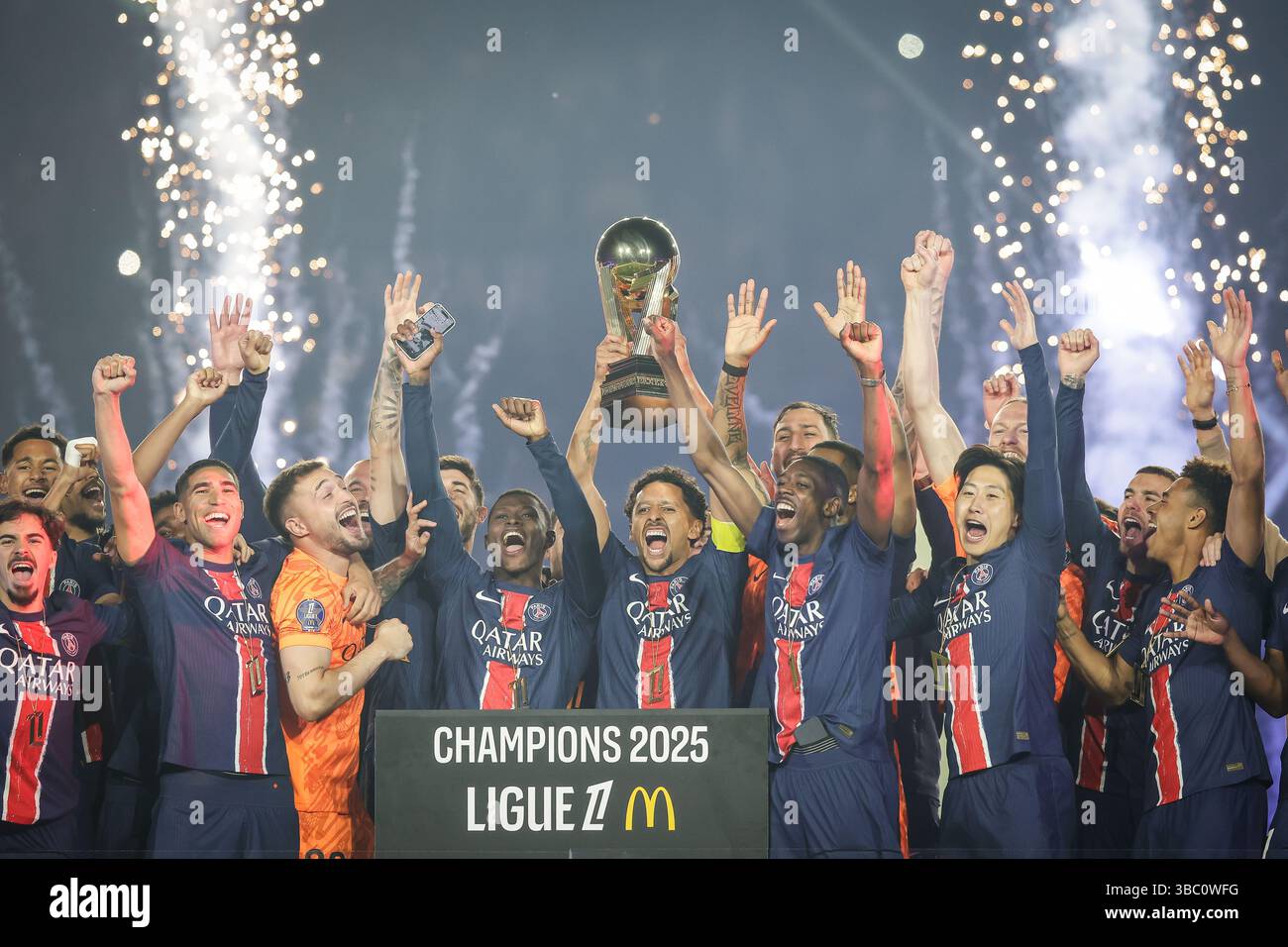 Paris Saint-Germain players celebrate the first place in the 2024-25 ...
