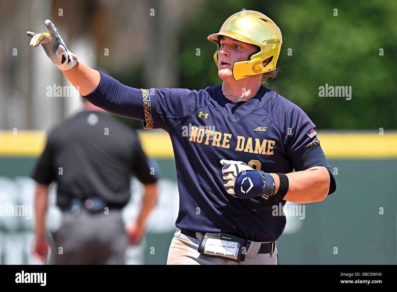 CORAL GABLES, FL - MAY 17: Notre Dame catcher Carson Tinney (8) waves ...