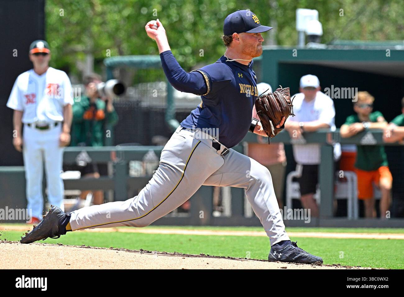 CORAL GABLES, FL - MAY 17: Notre Dame pitcher Jackson Dennies pitches ...