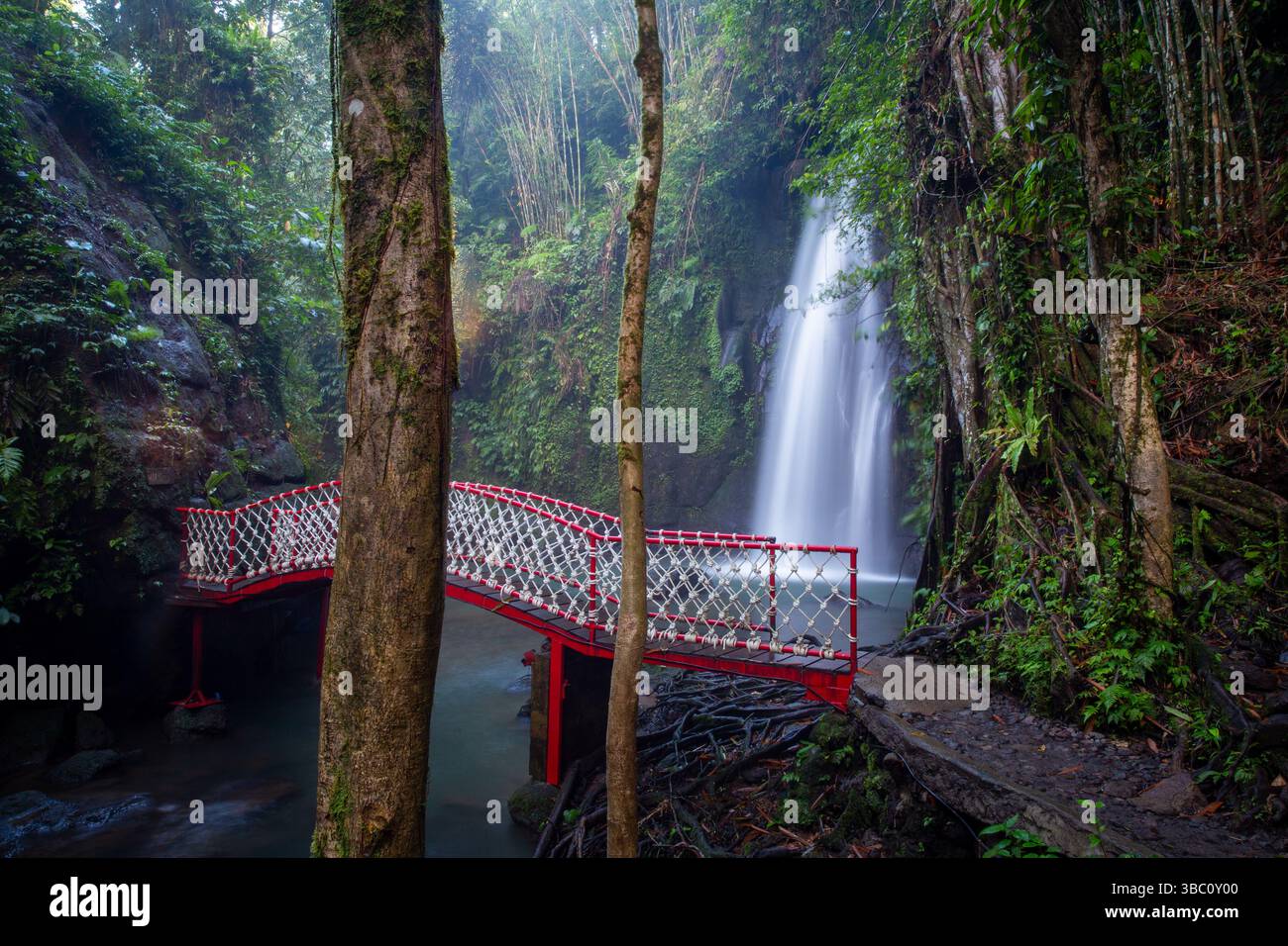 Ulu Petanu Waterfall with it's Red Bridge in Indonesia Stock Photo - Alamy
