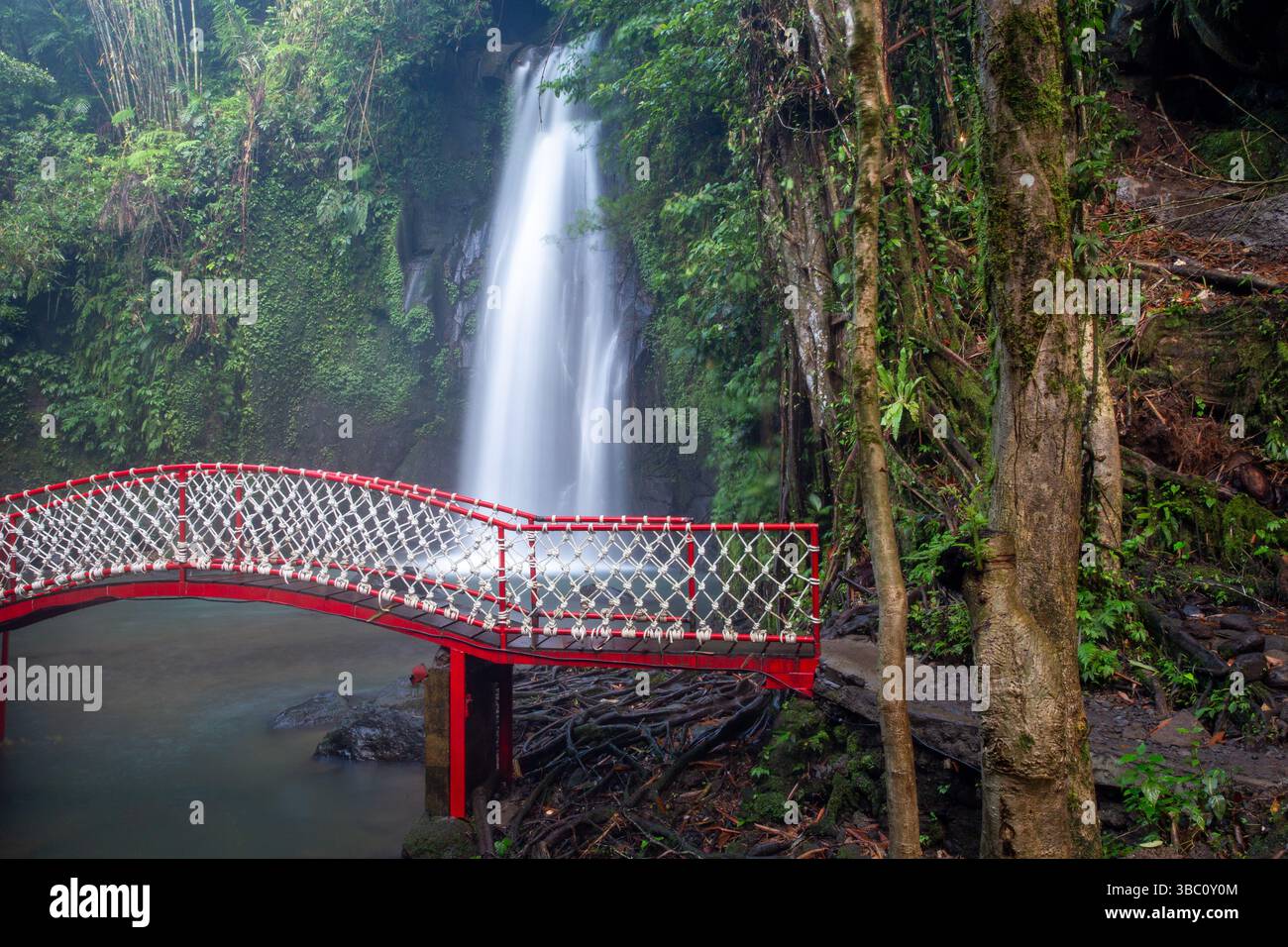Ulu Petanu Waterfall with it's Red Bridge in Indonesia Stock Photo - Alamy