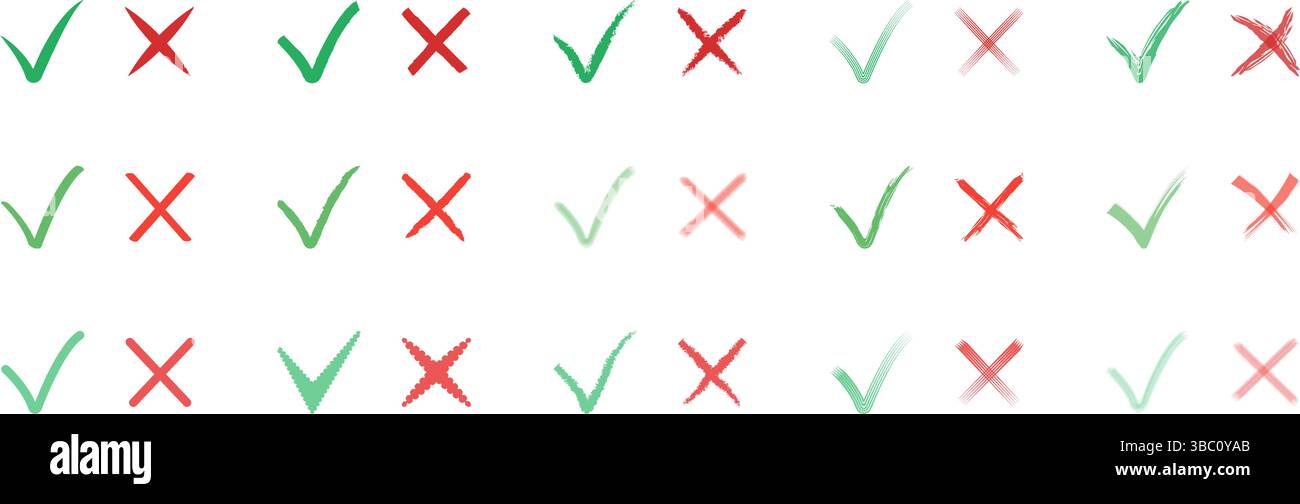 Check marks and crosses set, green ticks and red X line icons for checkboxes and voting ...