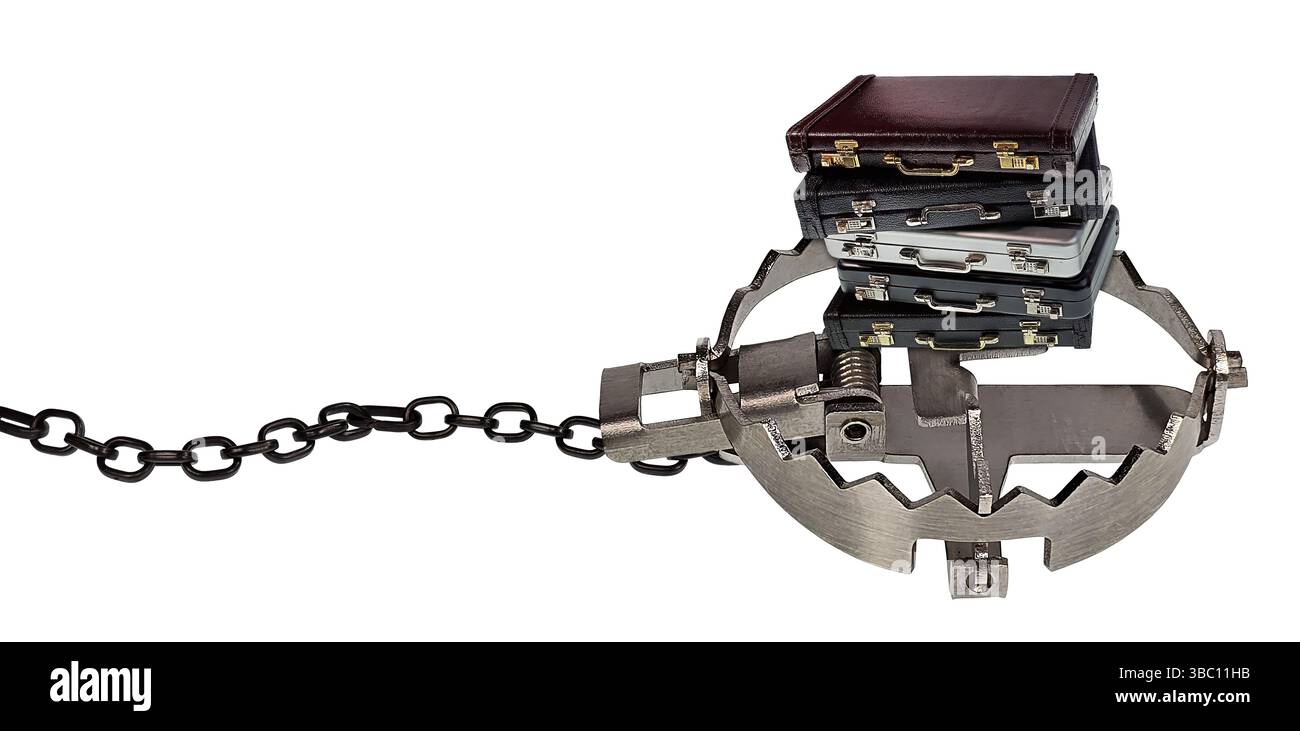 Stack of briefcases in a Metal bear trap to catch the perfect candidate ...