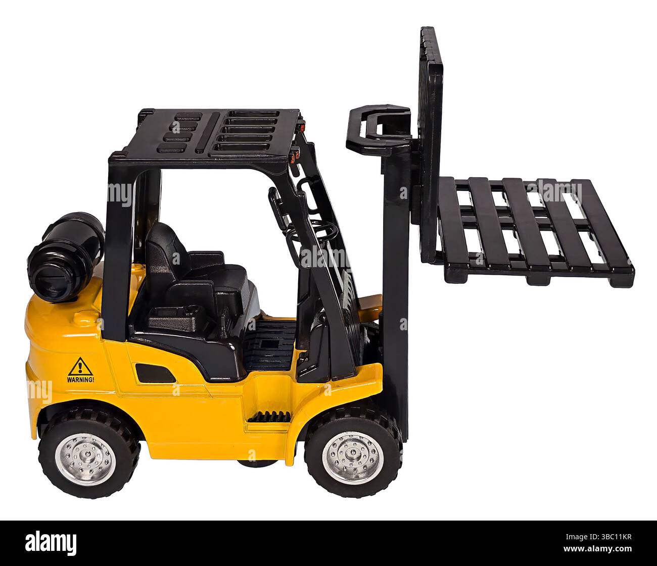 A yellow forklift for moving large objects facing right lift up Stock ...