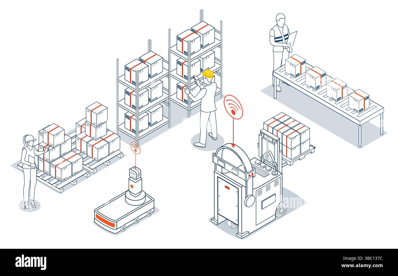 Male and female warehouse workers use barcode scanners to analyze newly ...