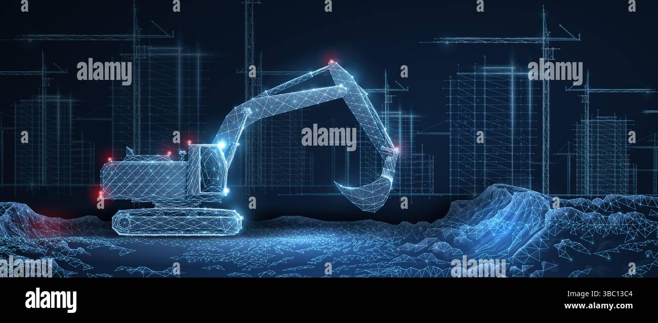 Digital construction site sketch with excavator. Building 3D Printing ...