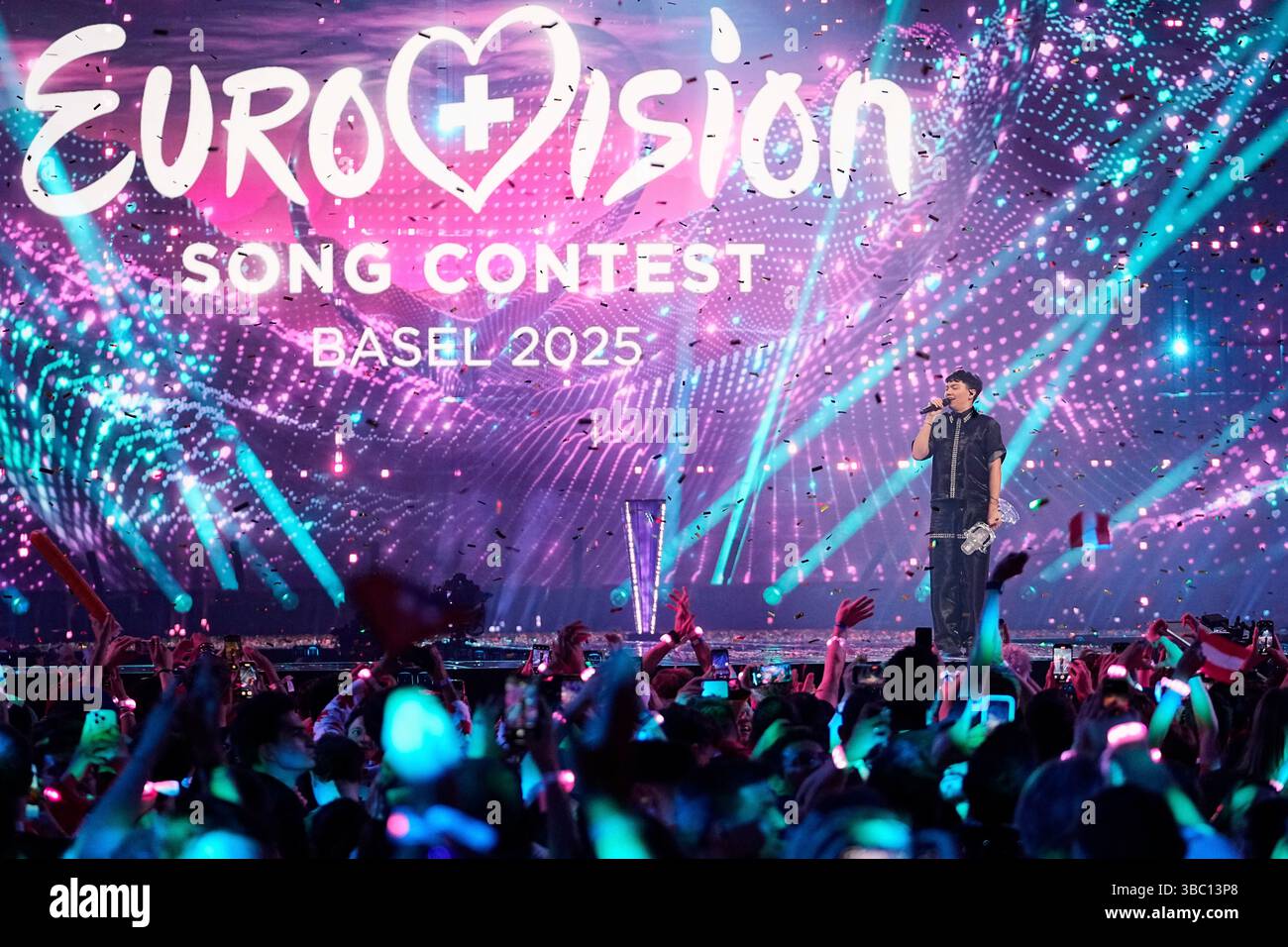 JJ from Austria stands on the stage with the trophy after winning the Grand Final of the 69th ...