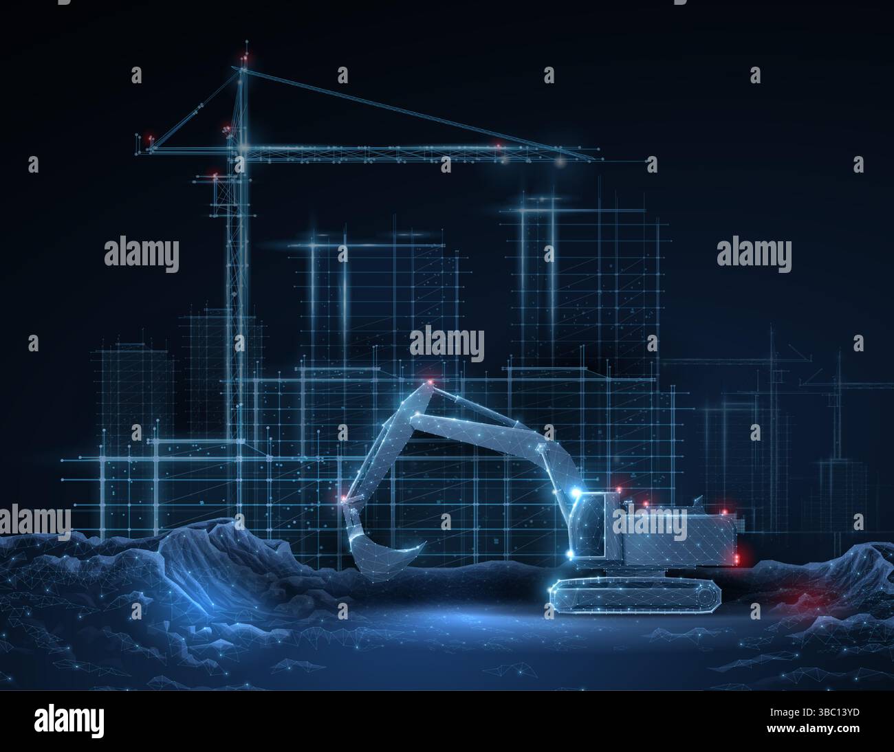 Digital construction site sketch with excavator. Building 3D Printing ...