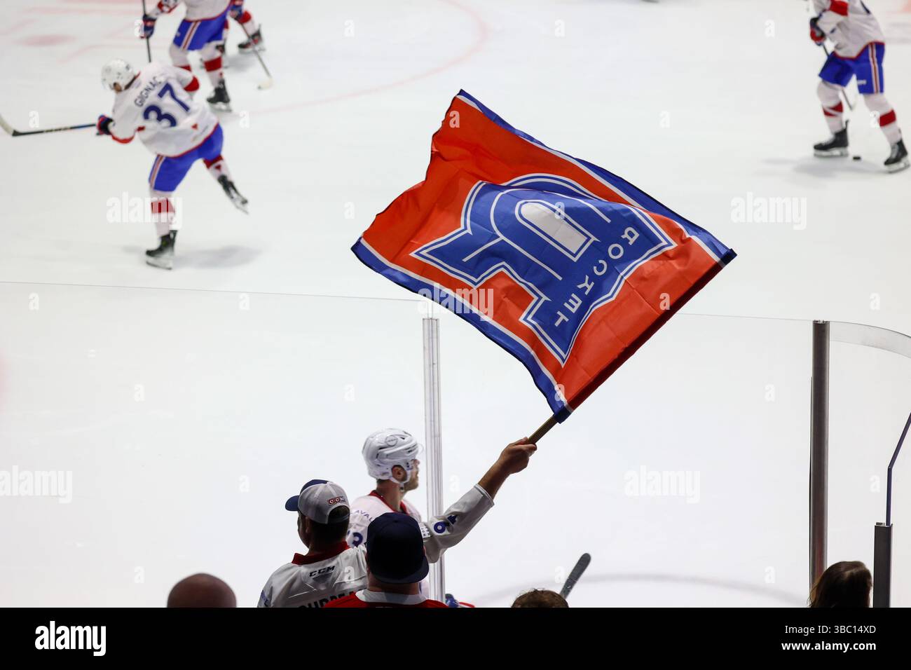 Rochester, New York, USA. 16th May, 2025. A Laval Rocket fan waves a ...