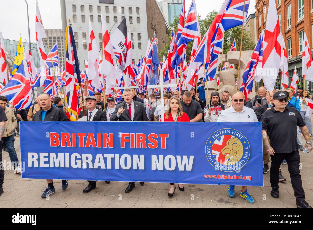 Birmingham, UK. 17 MAY, 2025. Party Leaders Paul Golding and Ashlea ...
