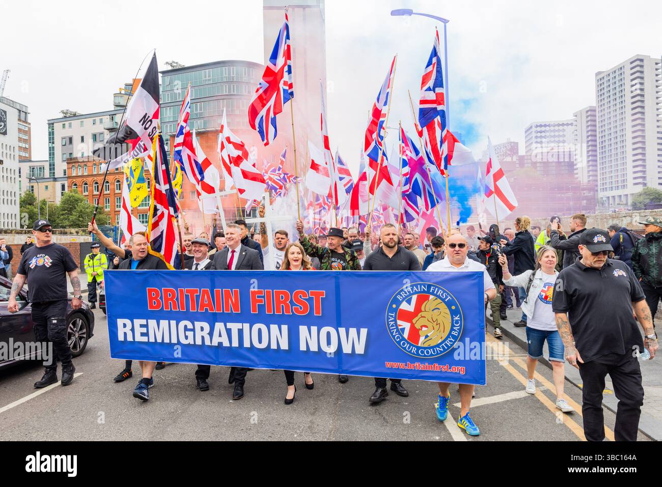 Birmingham, UK. 17 MAY, 2025. Party Leaders Paul Golding and Ashlea ...