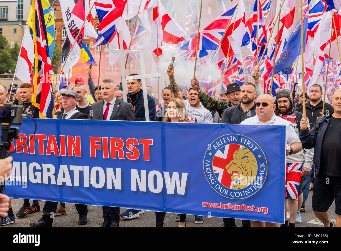 Birmingham, UK. 17 MAY, 2025. Party Leaders Paul Golding and Ashlea ...