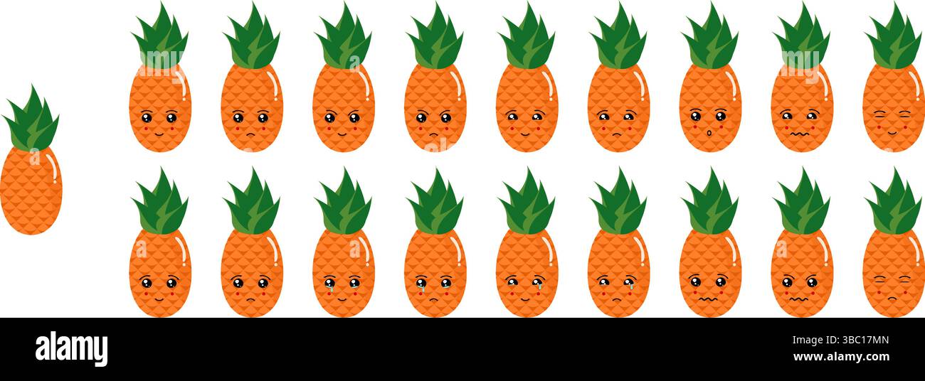 Cute fruit and vegetable emoji set with pineapple for web and cartoon ...