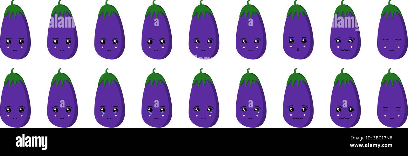Cute fruit and vegetable emoji set with eggplant and brinjal for web ...