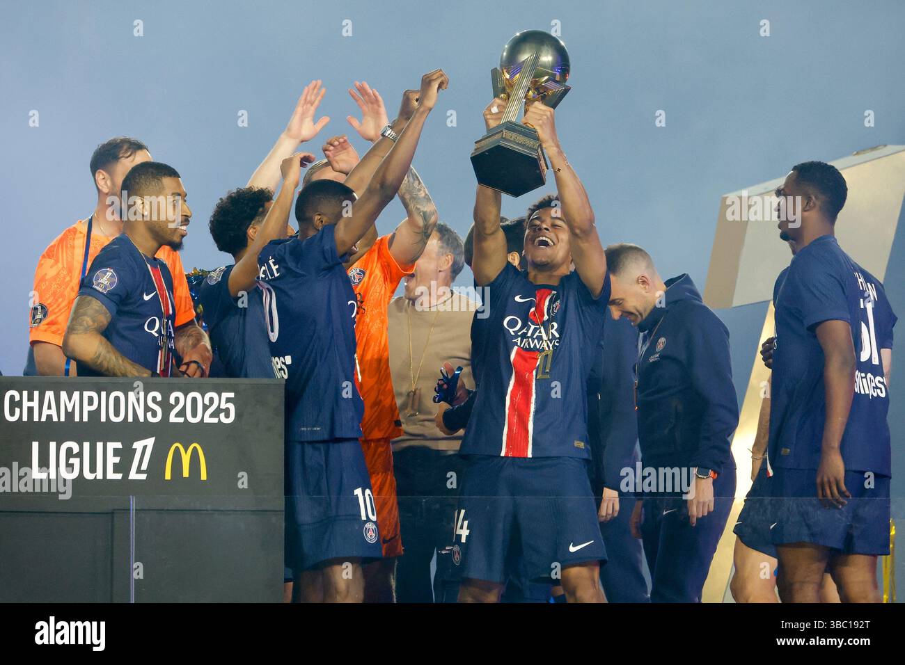 Paris, France. 18th May, 2025. Desire Doue of PSG and teammates ...