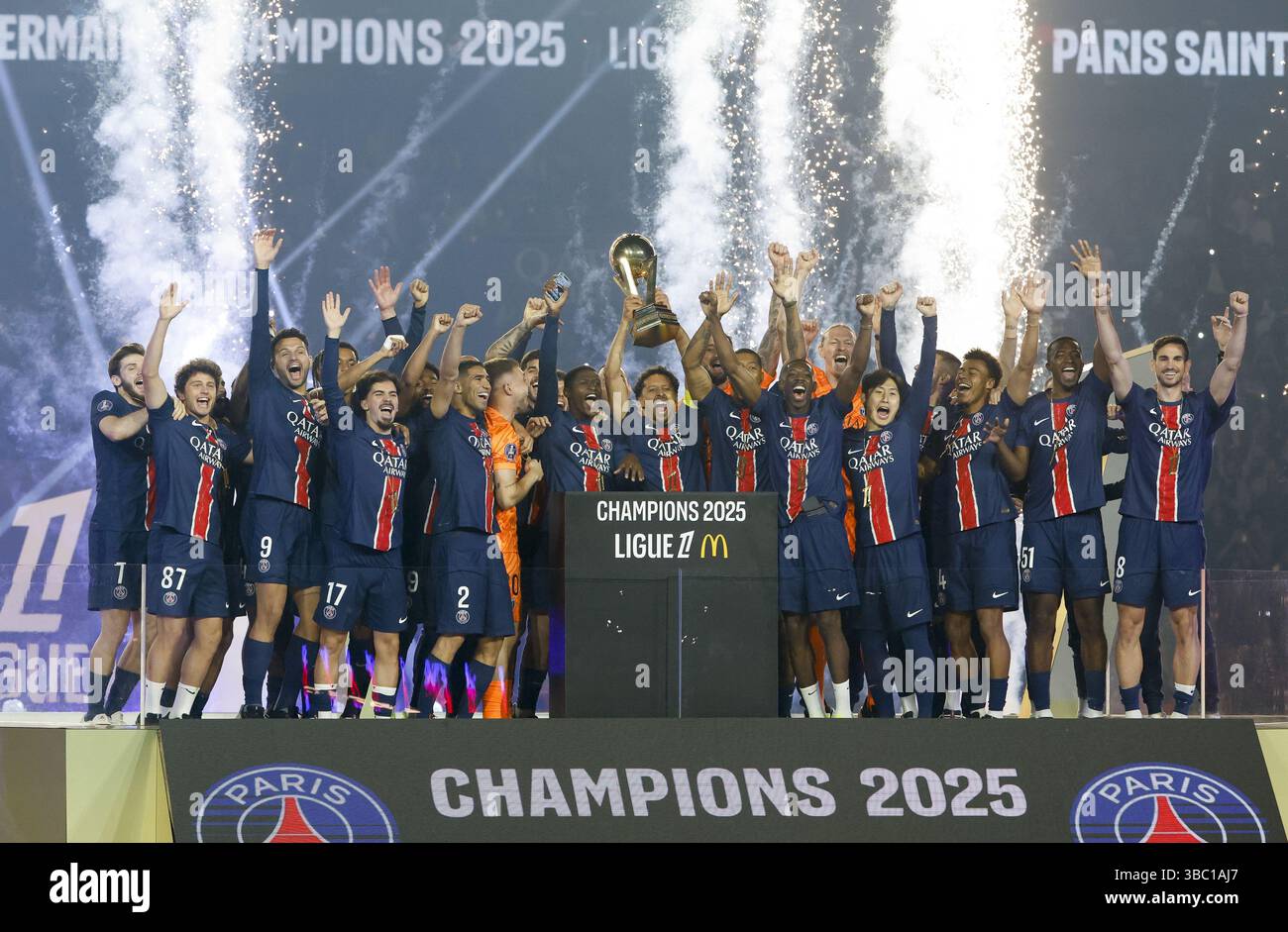 Captain of PSG Marquinhos and teammates celebrate during the Ligue 1 ...
