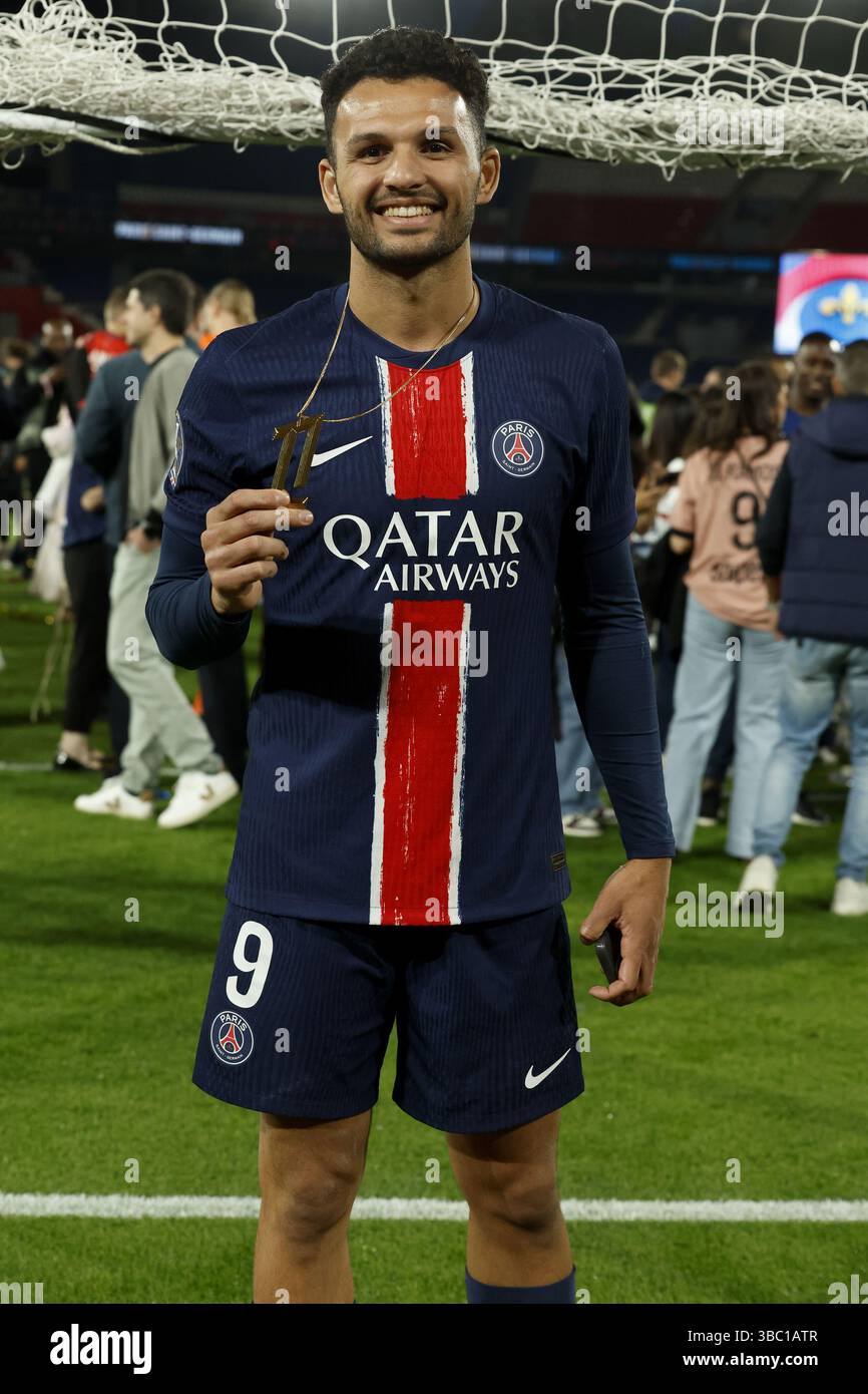 Goncalo Ramos of PSG celebrates following the Ligue 1 trophy ceremony ...