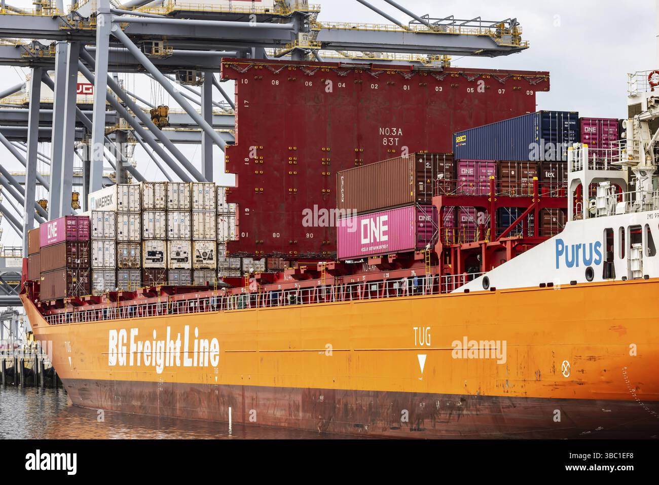 Container ship BG ORANGE. BG Fright Line. Container terminal in the deep-sea port of Maasvlakte ...