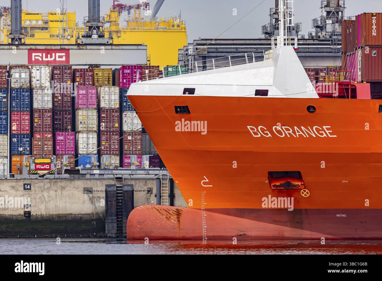 Container ship BG ORANGE. BG Fright Line. Container terminal in the ...