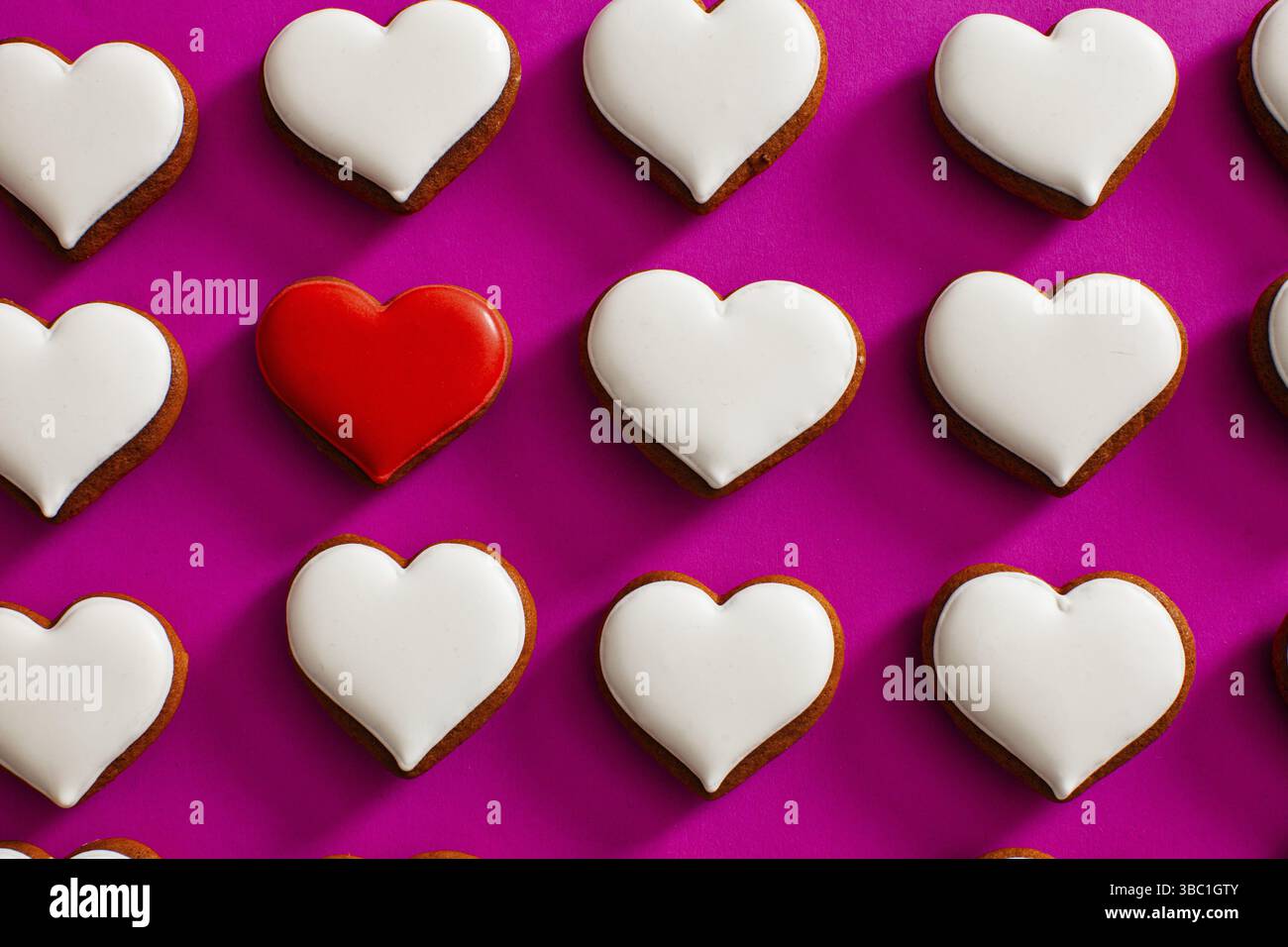 Composition of gingerbread biscuits heart shaped, with white sugar ...