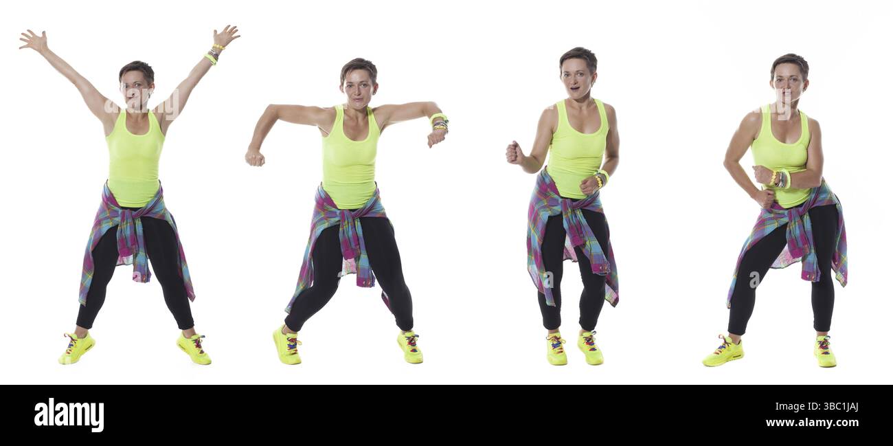 Woman dancing zumba elements, isolated on white collage Stock Photo - Alamy