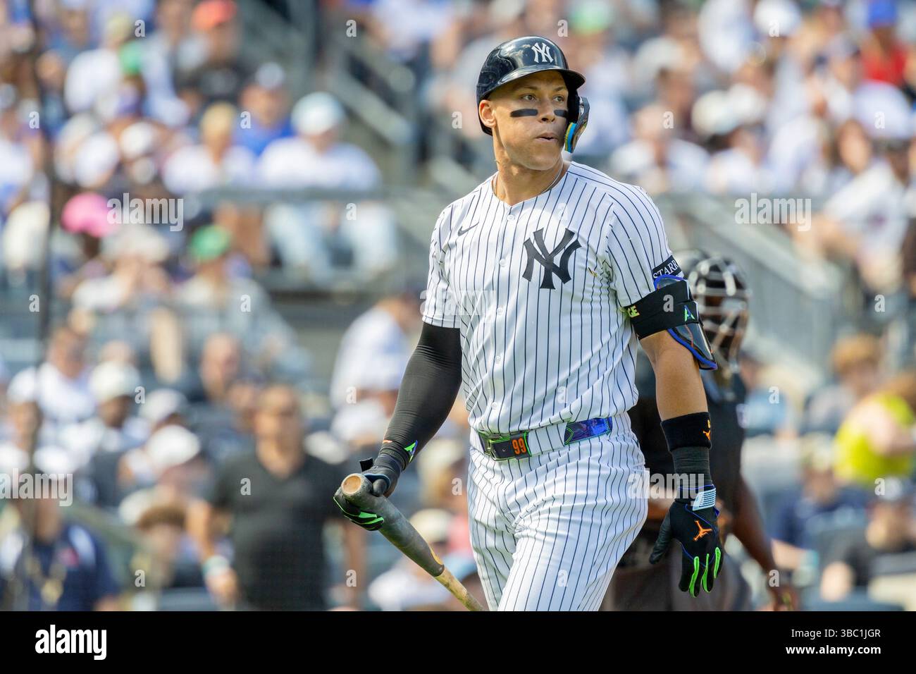 BRONX, NY - MAY 17: New York Yankees outfielder Aaron Judge (99) walks off after striking out ...
